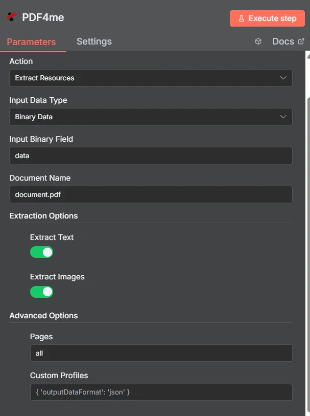 Extract Resources from PDF using n8n action | PDF4me